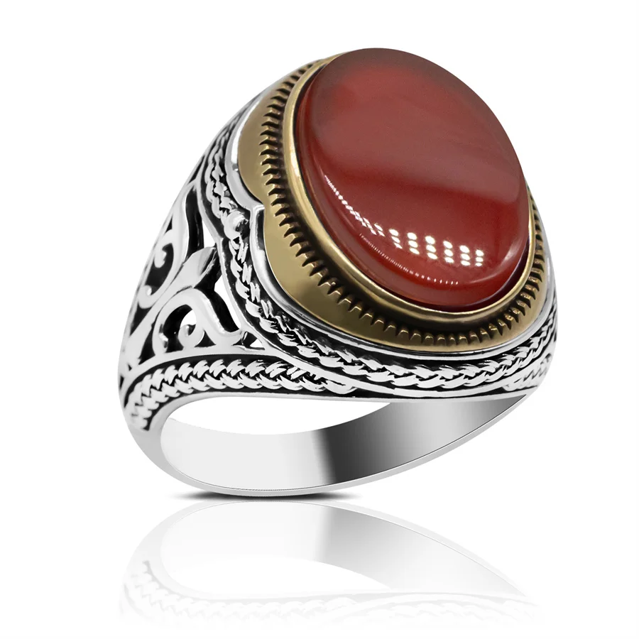 Genuine-925-Sterling-Silver-Ring-for-Men-with-Natural-Red-Onyx-Stone ...