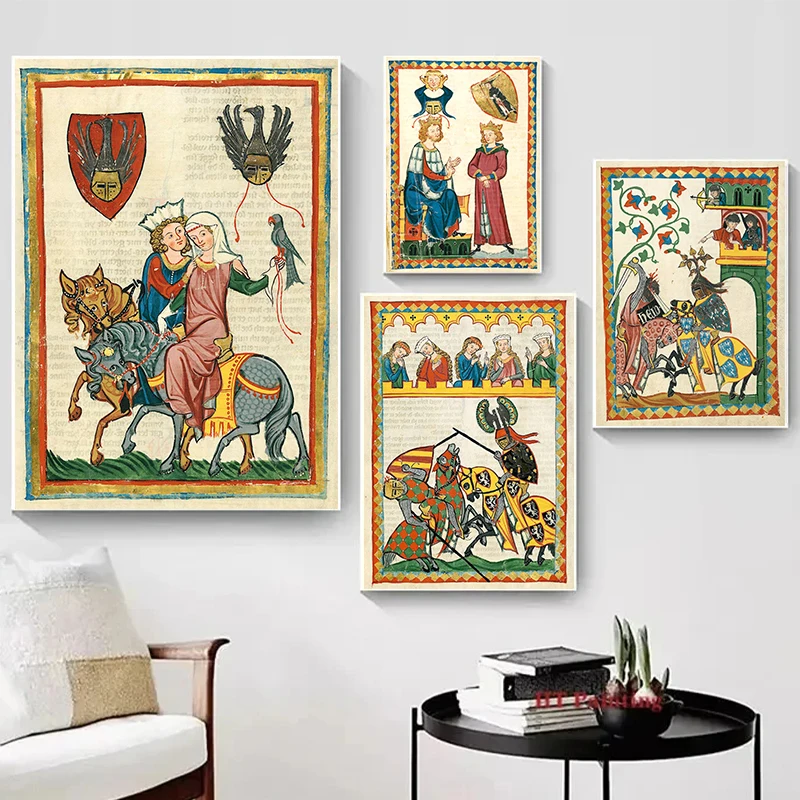 Medieval-Antique-European-Art-Posters-Lovers-on-Horse-Prints-Canvas ...