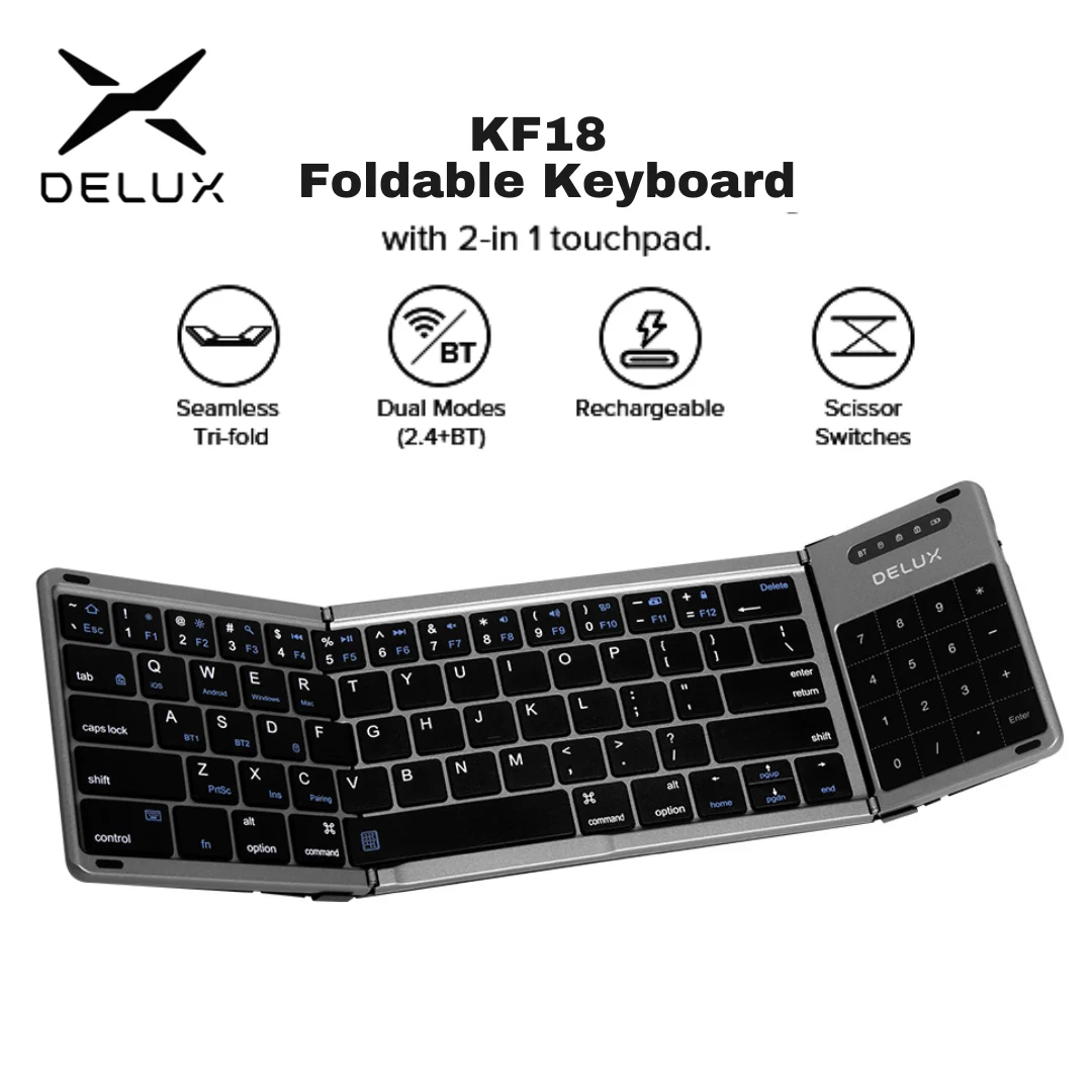Delux-KF18-Folding-Wireless-Keyboard-Bluetooth-2-4G-Rechargeable-2-in-1 ...