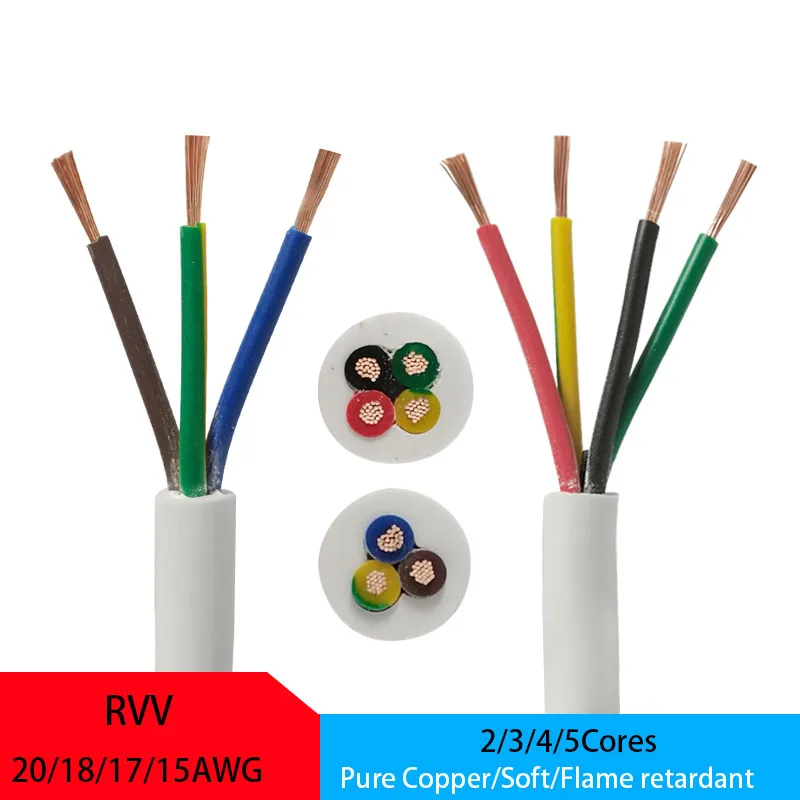 RVV Power Cable 5Meters 20/18/17/15AWG 2/3/4/5Cores Copper Wire White Sheathed Insulated PVC ...
