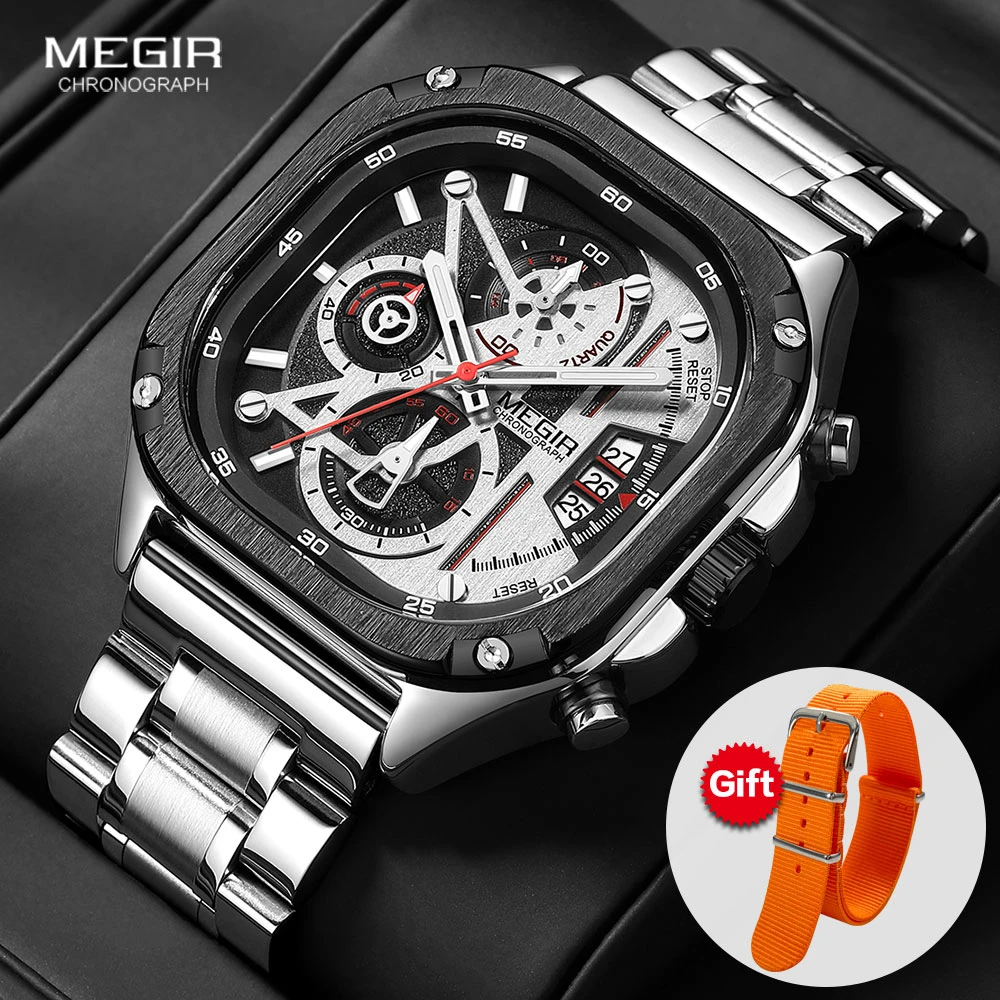 MEGIR Square Dial Quartz Watch Men Fashion Chronograph Stainless Steel ...