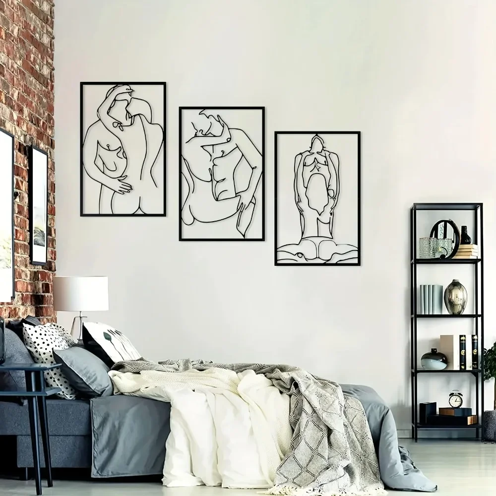 3-Piece Black Metal Portrait Wall Decor Abstract Line Drawing Sculpture ...