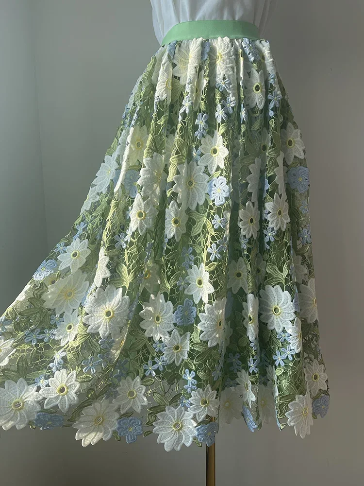 JIAMI-Luxury-Lace-Hollow-Embroidery-Floral-Skirt-High-Quality-Green-Vintage-Large-Hem-Skirt ...
