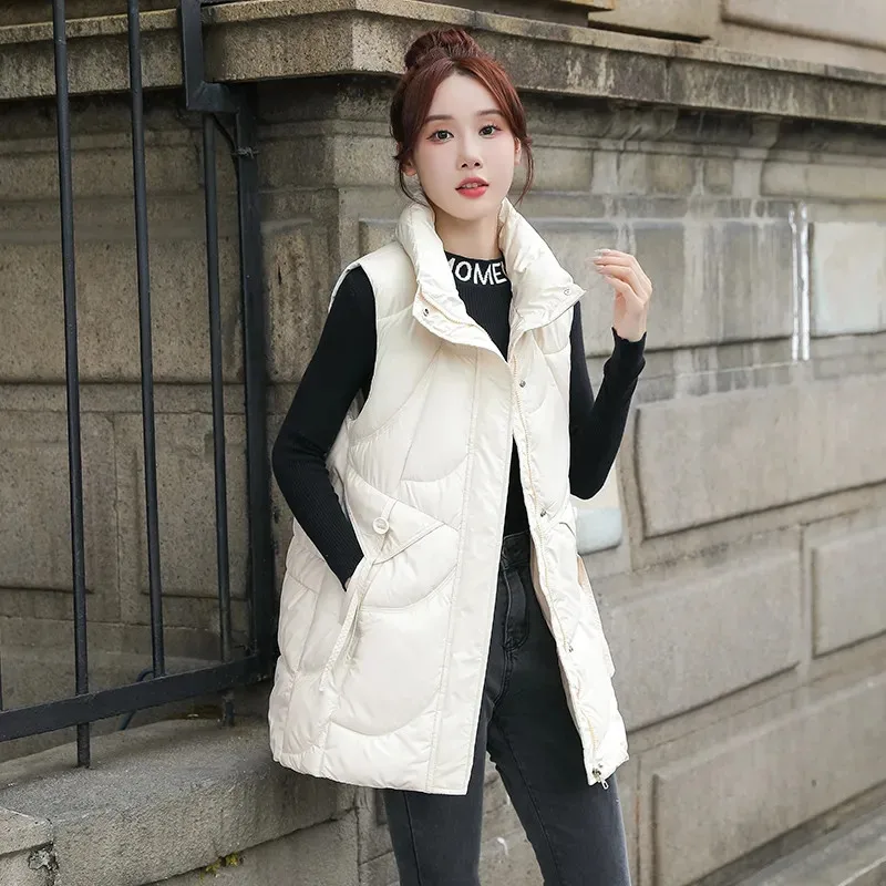 Autumn-Winter-New-Mid-Length-Cotton-Vest-Women-Stand-Collar-Sleeveless ...