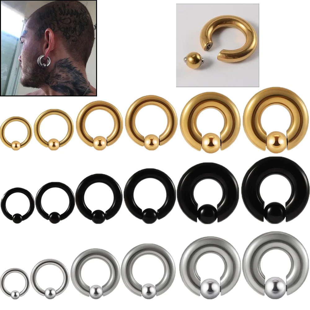 316-Stainless-Steel-Body-Piercing-Earrings-Black-Gold-Color-Spring-Action-Captive-Bead-Ring-CBR ...