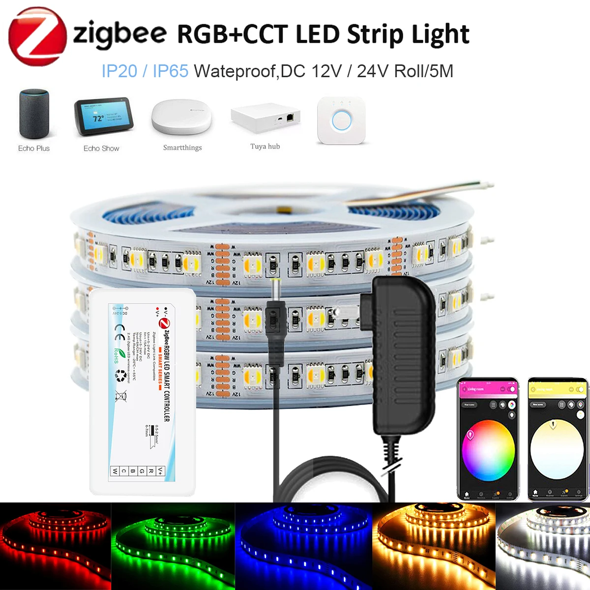 5M 10M ZIGBEE 3.0 Controller Smart 5050 RGBCCT RGB+W+CW LED Strip Band ...