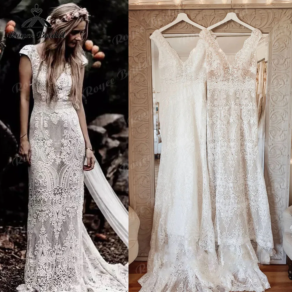 Vintage Boho Lace Behemian Mermaid Wedding Dress Robe Civil Country ...