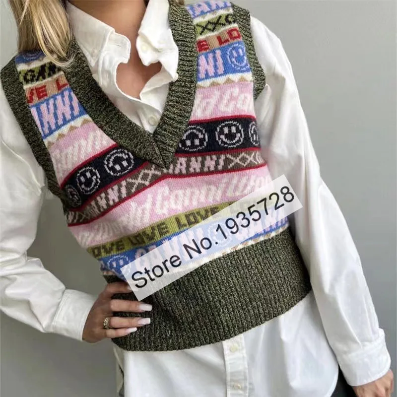 Ladies-V-Neckline-Sleeveless-Knitted-Wool-Blend-Printing-Vest-Sweater ...