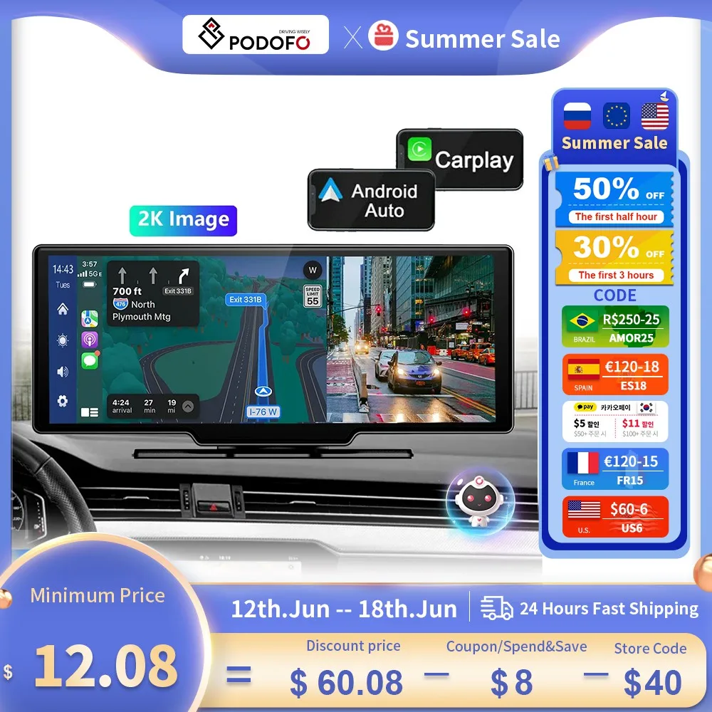 Podofo Auto Spiegel Video Aufnahme Carplay & Android Auto Drahtlose Verbindung GPS Navigation ...