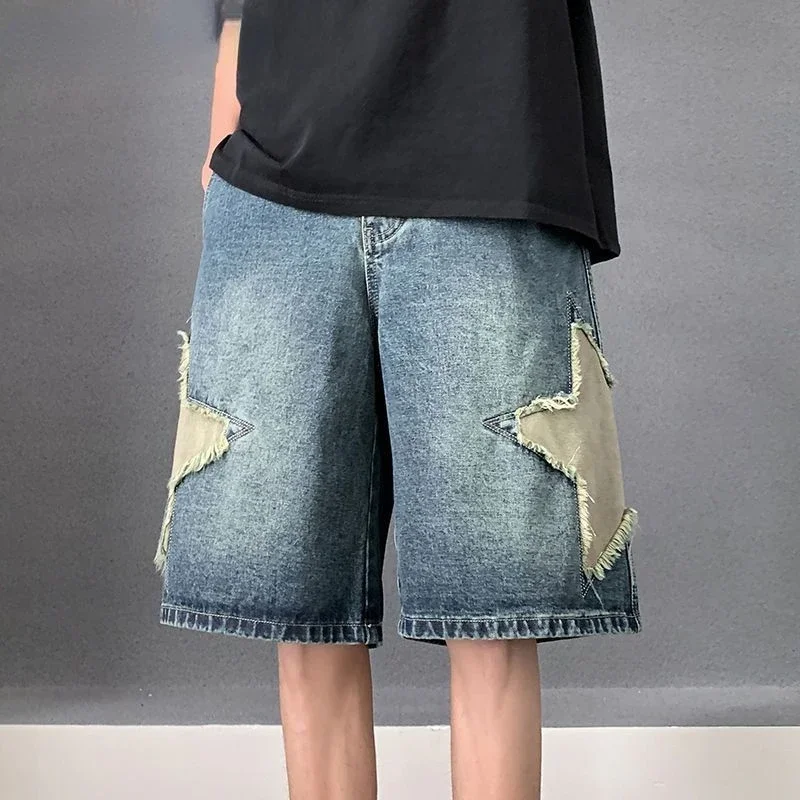 Casual-Men-Shorts-Blue-Star-Denim-Shorts-Embroidery-Straight-Summer-New ...