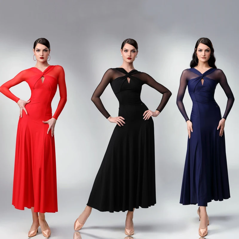 3-Colors-Women-Mesh-Sleeves-Ballroom-Dance-Dress-High-End-Waltz-Modern ...