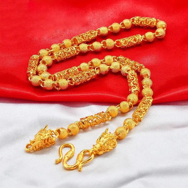 Boutique-AU999-Gold-Dragon-Head-Buddha-Beads-Colar-Oco-para-Homens-Ouro ...