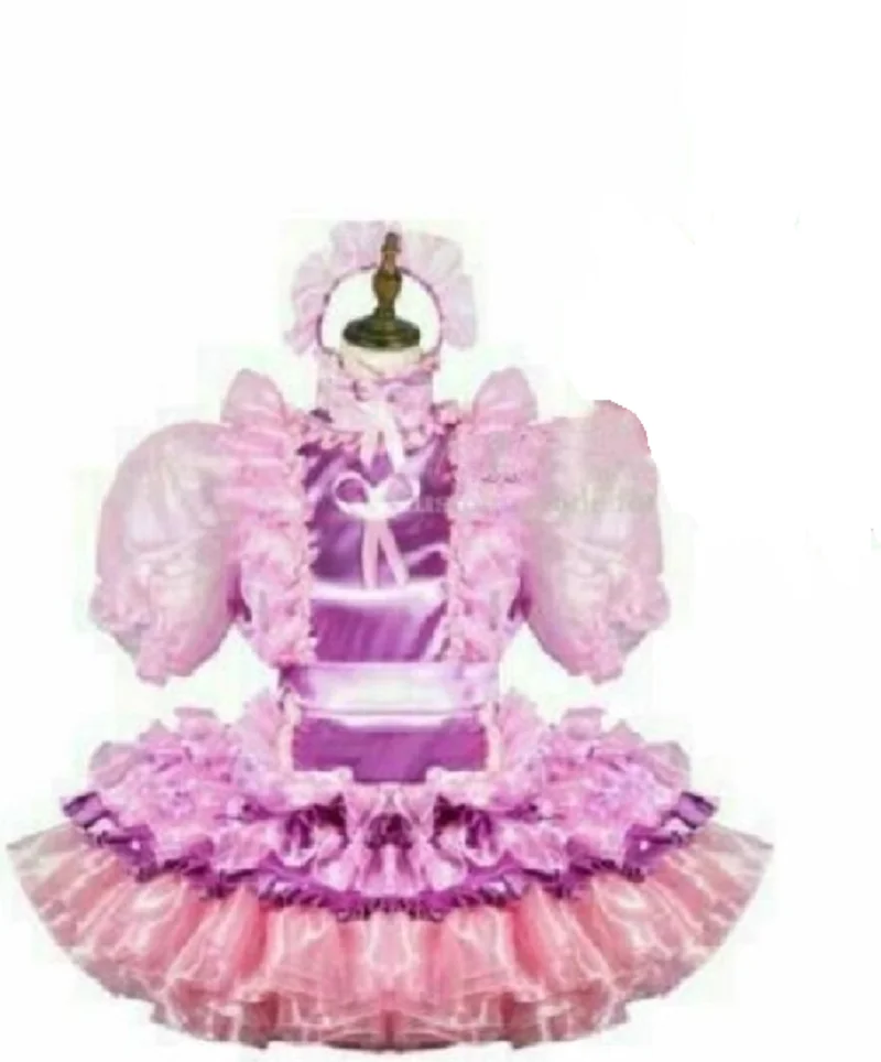 Hot French Pink Stand Collar Lace Satin Skirt Maid Uniform Role Sissy ...