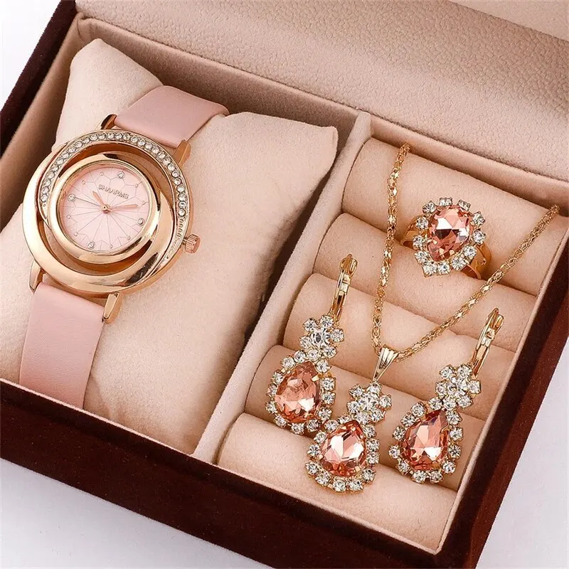 5PCS-Set-Luxury-Watch-Women-Ring-Necklace-Earring-Rhinestone-Fashion ...