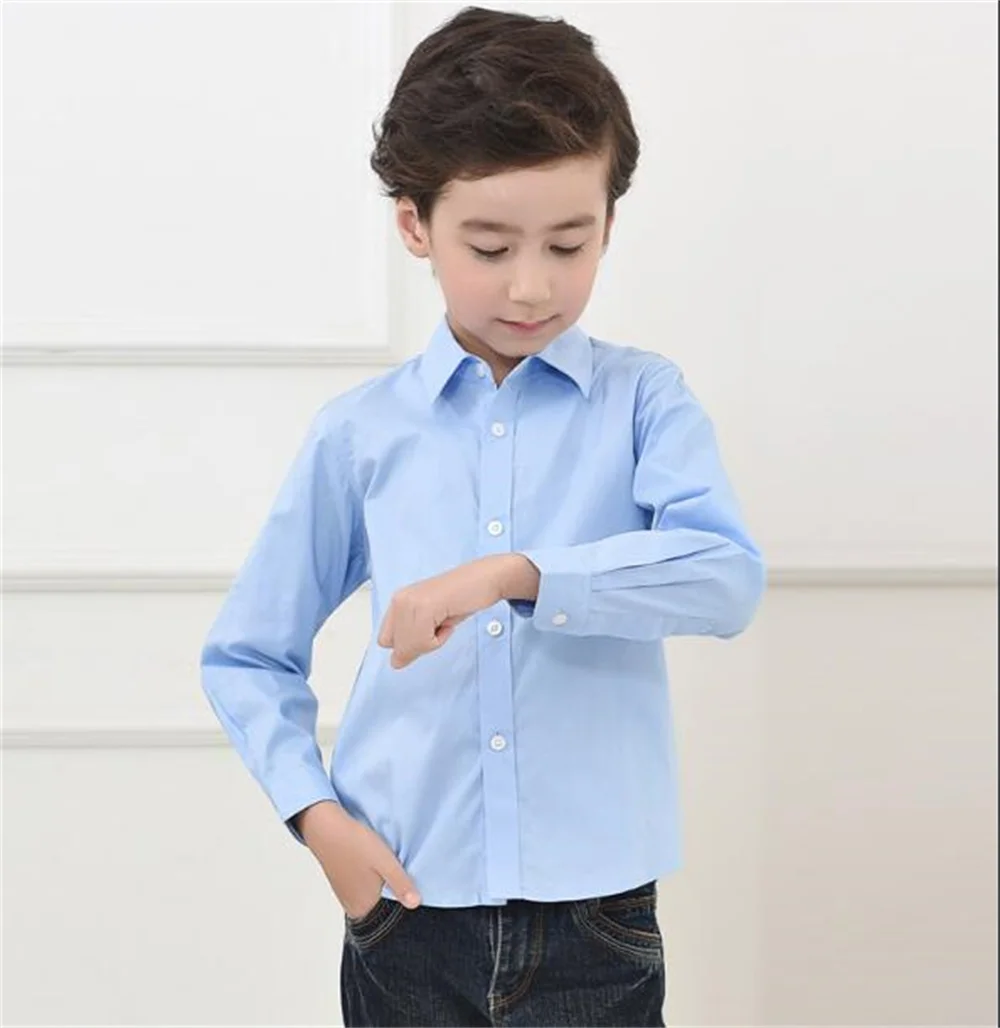 Summer Autumn children's long sleeved cotton shirt blue White for boys ...