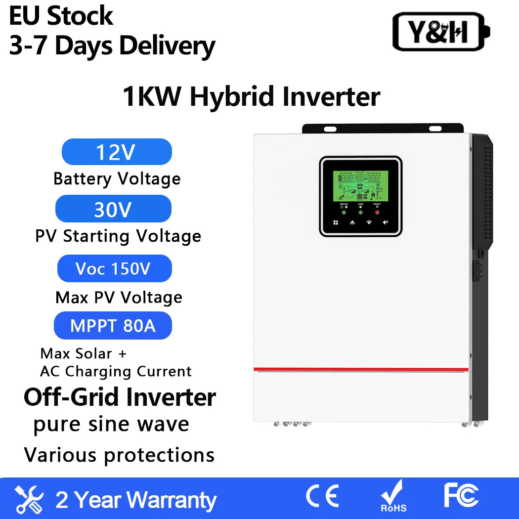 Y&H 1000W Hybrid Solar Inverter 12V AC230V Off Grid Pure Sine Wave ...