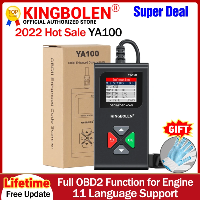 Kingbolen Ya100 Obd2 Scanner Multilingual Car Diagnostic Tool Check Engine Code Reaer Lifetime ...