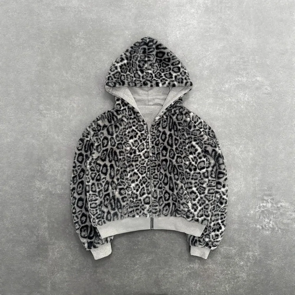 Double Sided Leopard Print Men's Fleece Jacket, Y2k Zipper Hoodie Men ...