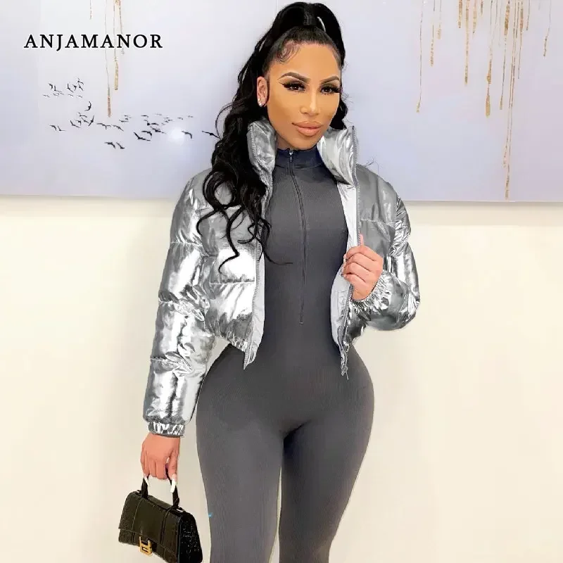 ANJAMANOR-Silver-Glossy-Puffer-Jacket-Zip-Up-Shiny-Bubble-Coat ...