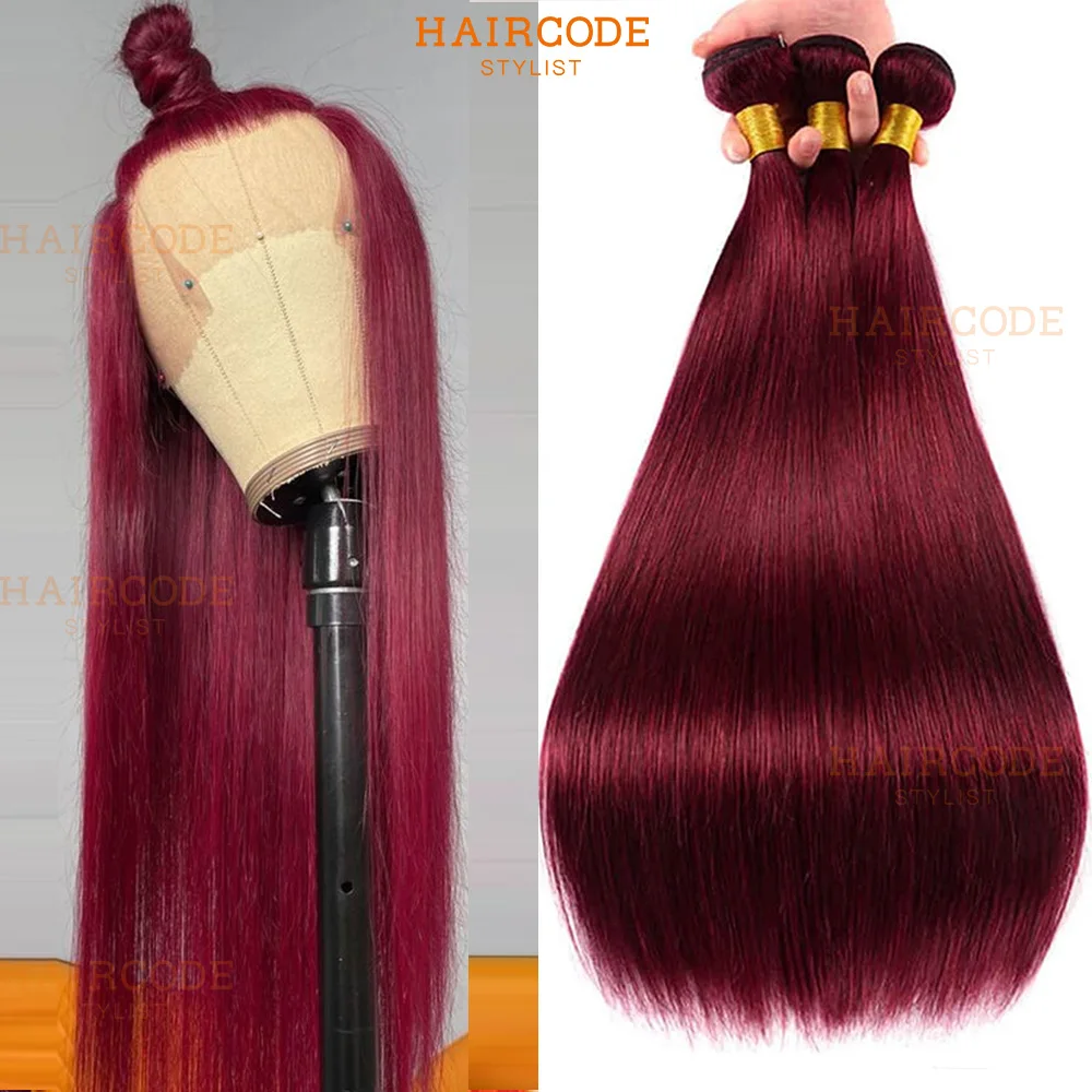 99j Burgundy Human Hair Weave Bundles 3/4 Pieces Pre-colored Brazilian ...