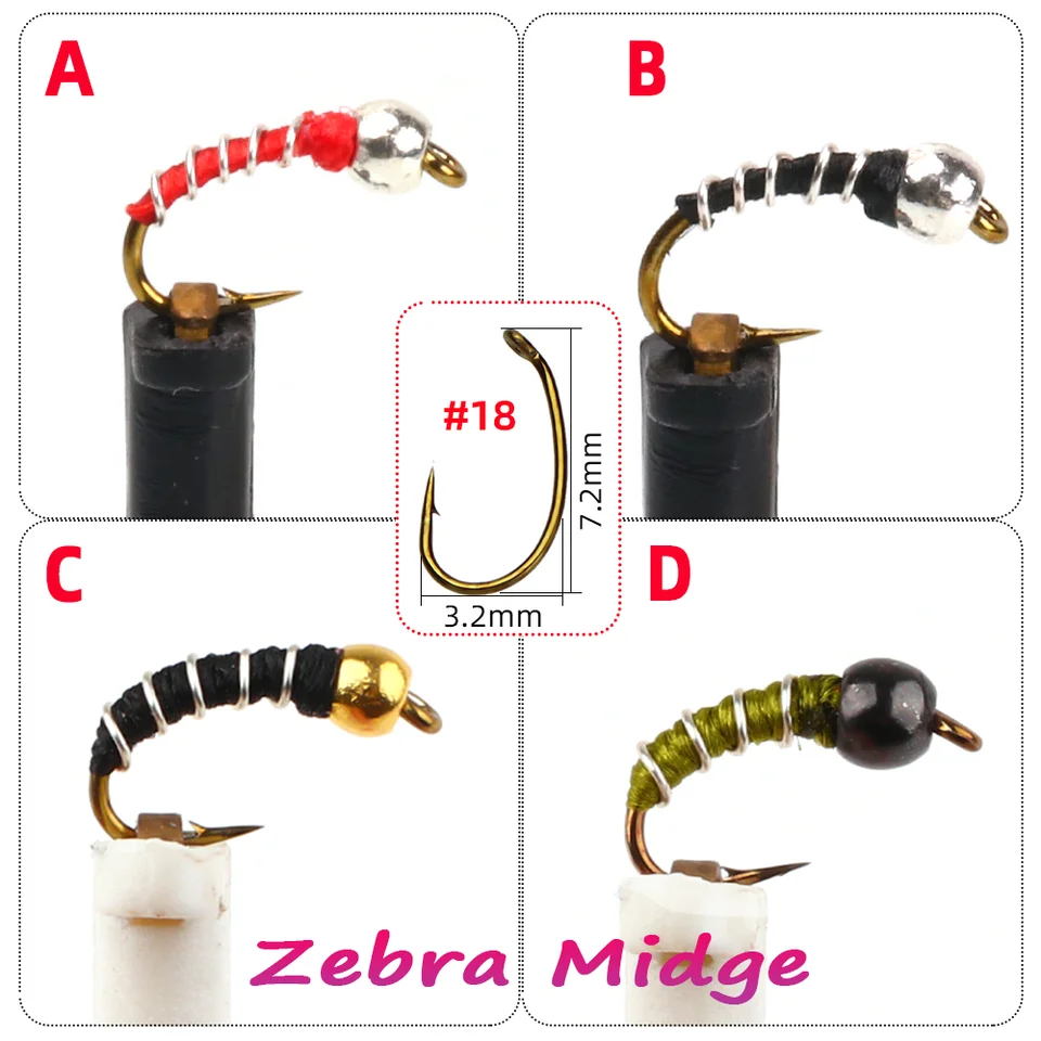 Size 18 Trout Flies 24-Piece 18# 4-Color Boxed Copper-Bead-Head Zebra ...
