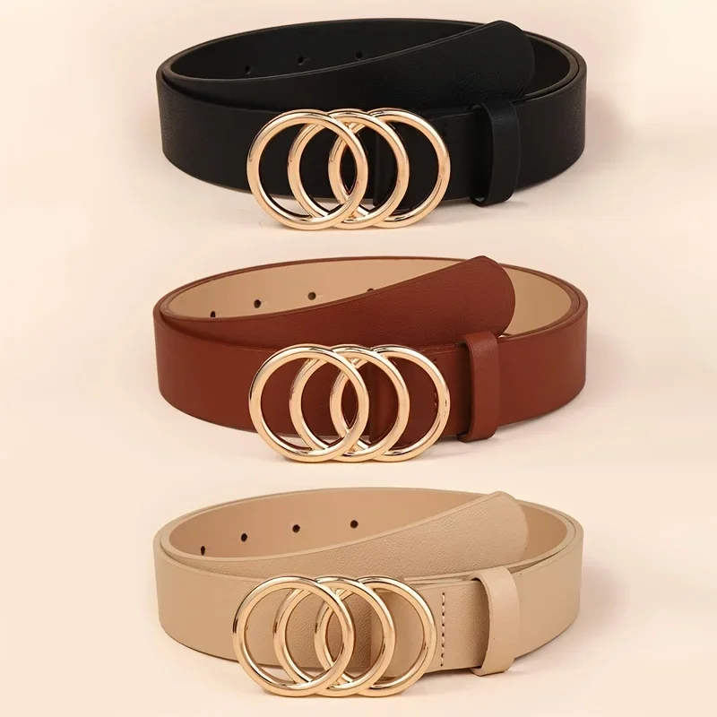 1Pcs Golden Triple Ring Buckle Belts Simple Solid Color PU Leather Belt ...