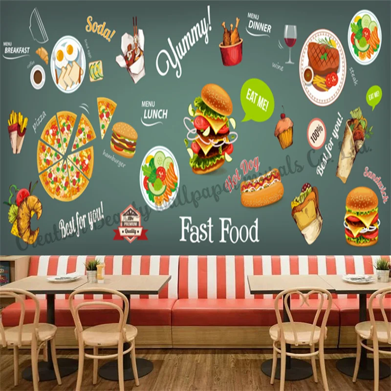 Custom Hand Painted Fast Food Wallpaper Burger Pizza Mural Restaurant ...