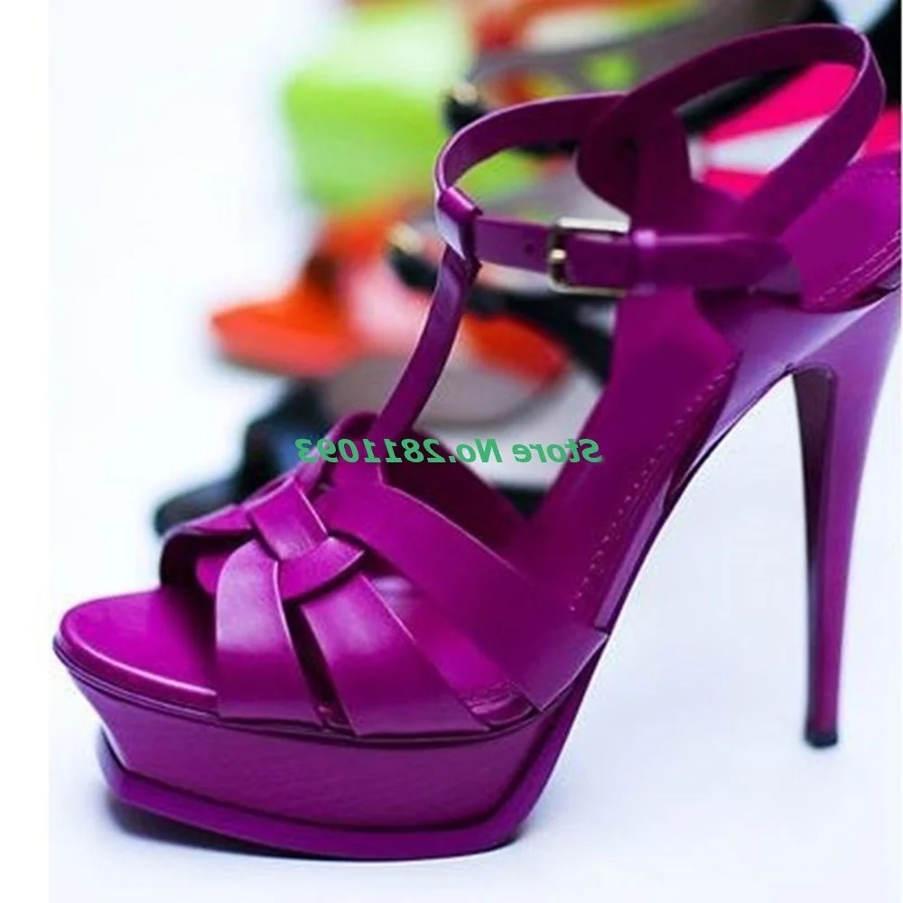 Platform T Strap Sandals Open Toe Ankle Buckle Purple Candy Color ...