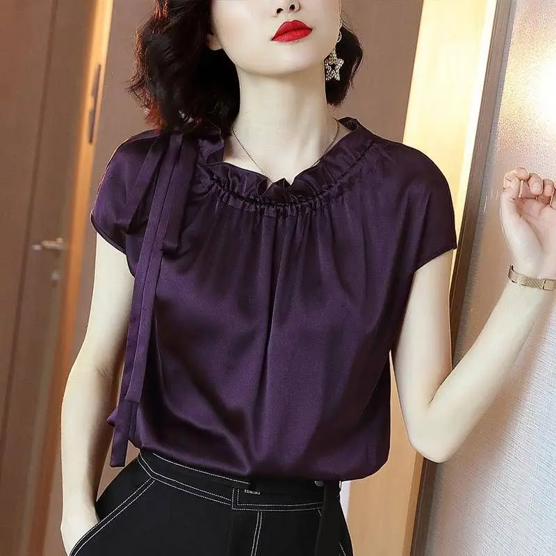 Office Lady Solid Color All match Shirt Fashion Stand Collar Shirring ...