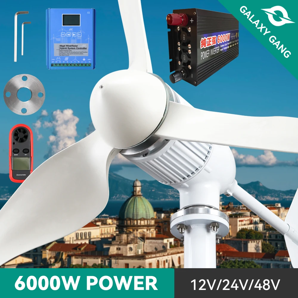 Wind Turbine Generator 6kw Free Energy 6000W 24V 48V 3 Blade With MPPT ...