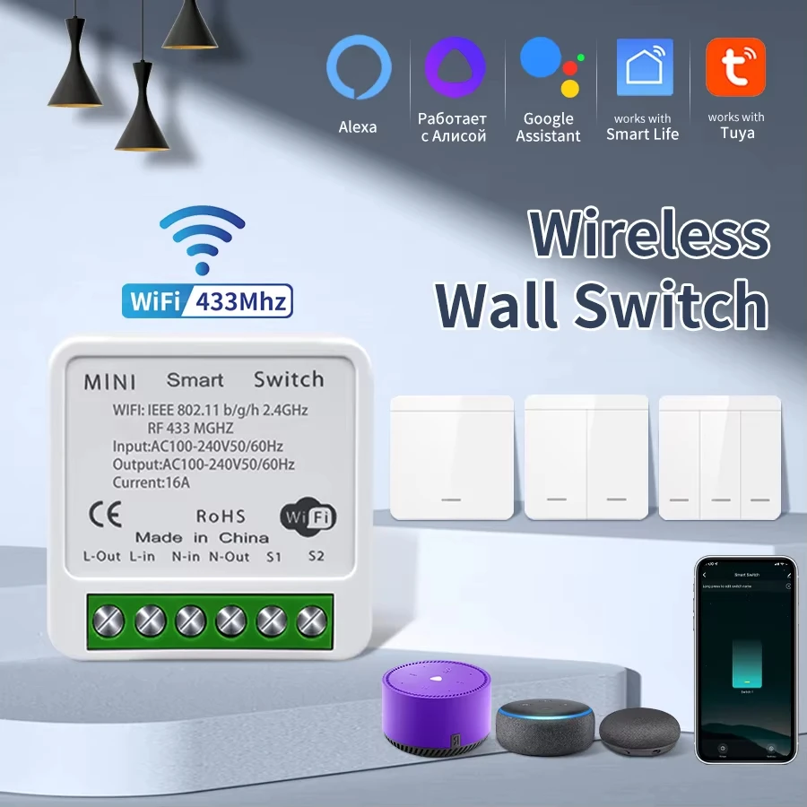 Tuya Smart WiFi Switch RF 433MHz Wireless Light Switch 1/2/3Gang Wall ...