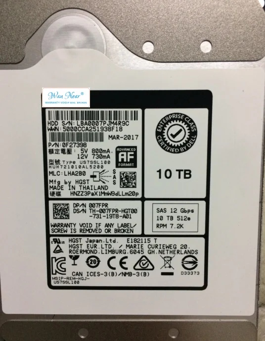 For DELL 07FPR 10TB 7.2K NL SAS 3.5" 12Gbps 007FPR HUH721010AL5200 10T