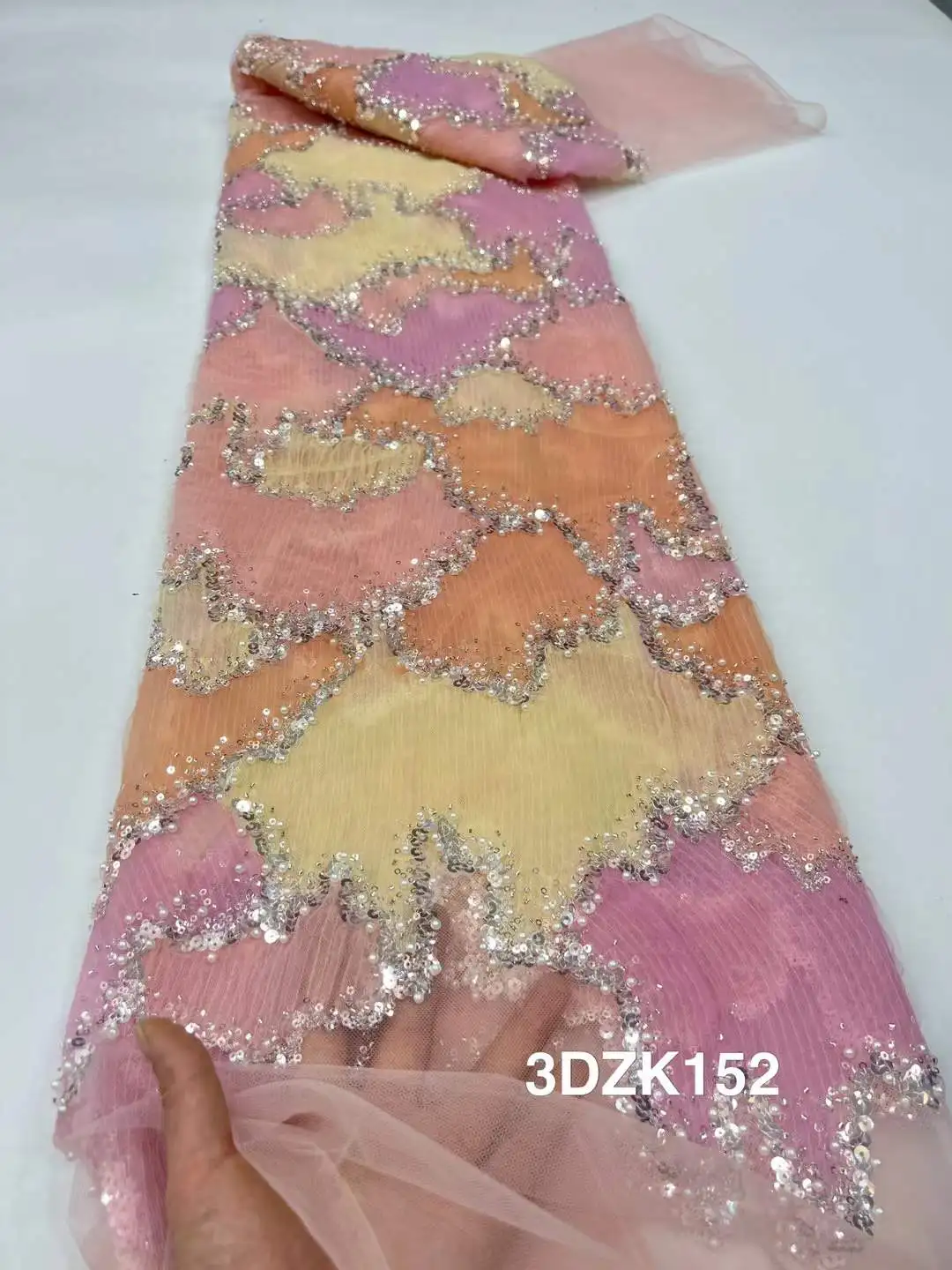 2025 Pink African Embroidery Beaded Lace Fabric Nigerian Sequins Lace ...