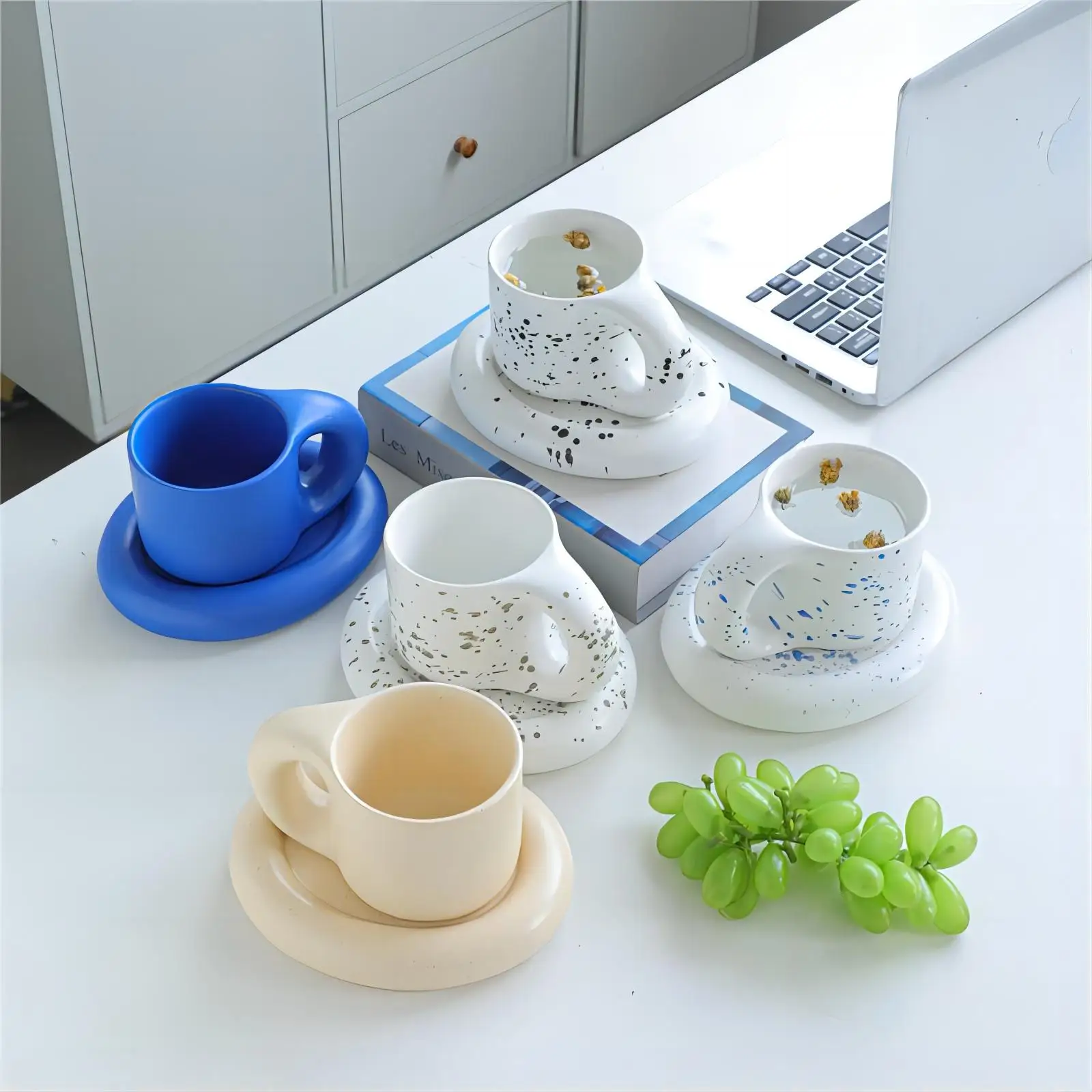 Ceramic Mugs Coffee Cups with Saucer Large Handle Korean Fat Cup Plate ...