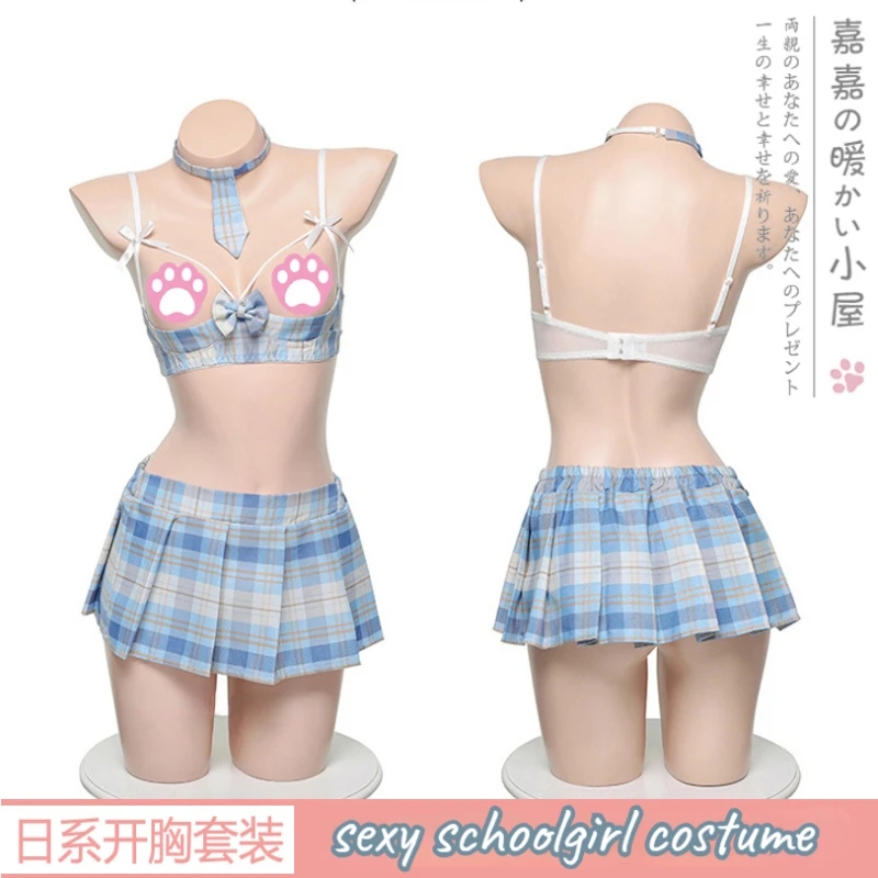 Sexy Pleated Skirt Jk Uniform Suit Japanese Split Open Chest Bra Women's Clothes Schoolgirl Cute ...