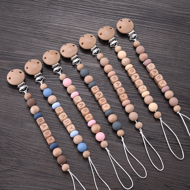 New-Wooden-Beech-Letter-Beads-Baby-Pacifier-Clips-Silicone-Beads-Anti ...