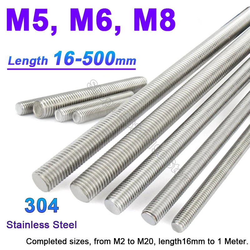 1-10Pcs-M5-M6-M8-Stainless-Steel-Fully-Threaded-Bar-Full-Metric-Thread ...