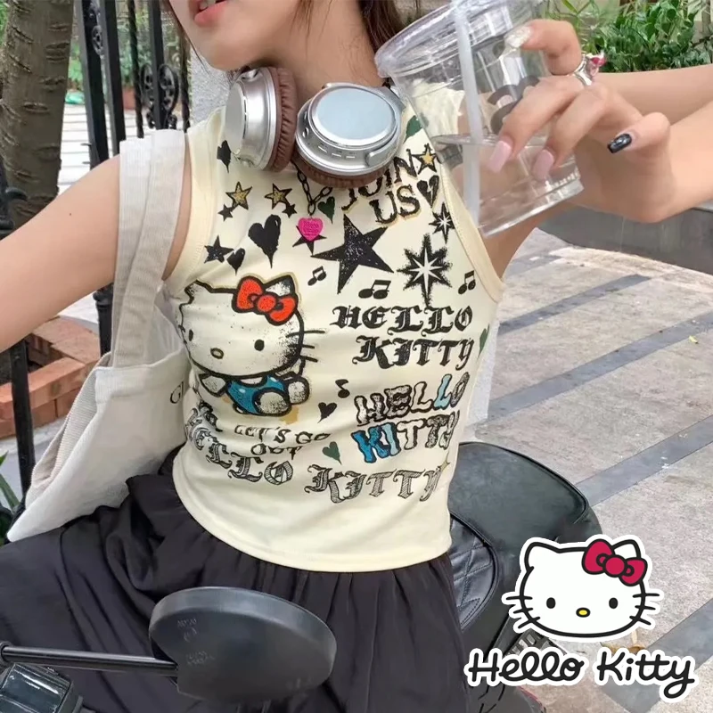 Sanrio Hello Kitty Women Camisole Y2k Sexy Summer Girl Cartoon Cute Basic Elastic Tank Top Solid ...