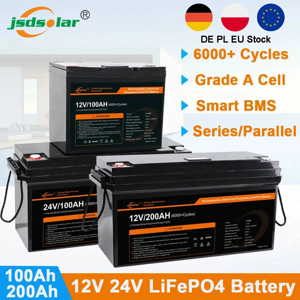 jsdsolar-New-12V-24V-LiFePO4-Battery-PLUS-12V-100Ah-200Ah-Rechargeable ...