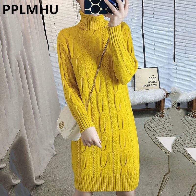 Yellow Knit Dresses Women | Long Sleeve Yellow Knit Dress - Winter Slim ...