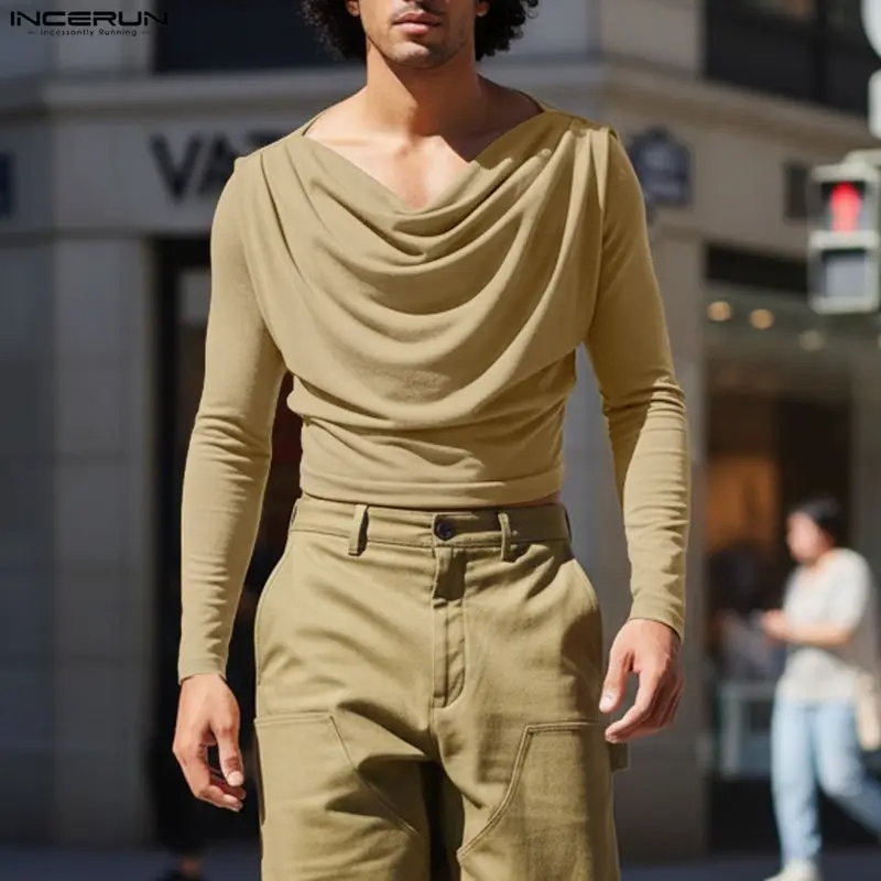 INCERUN Men T Shirt Solid Color Pleated Long Sleeve Streetwear Leisure ...