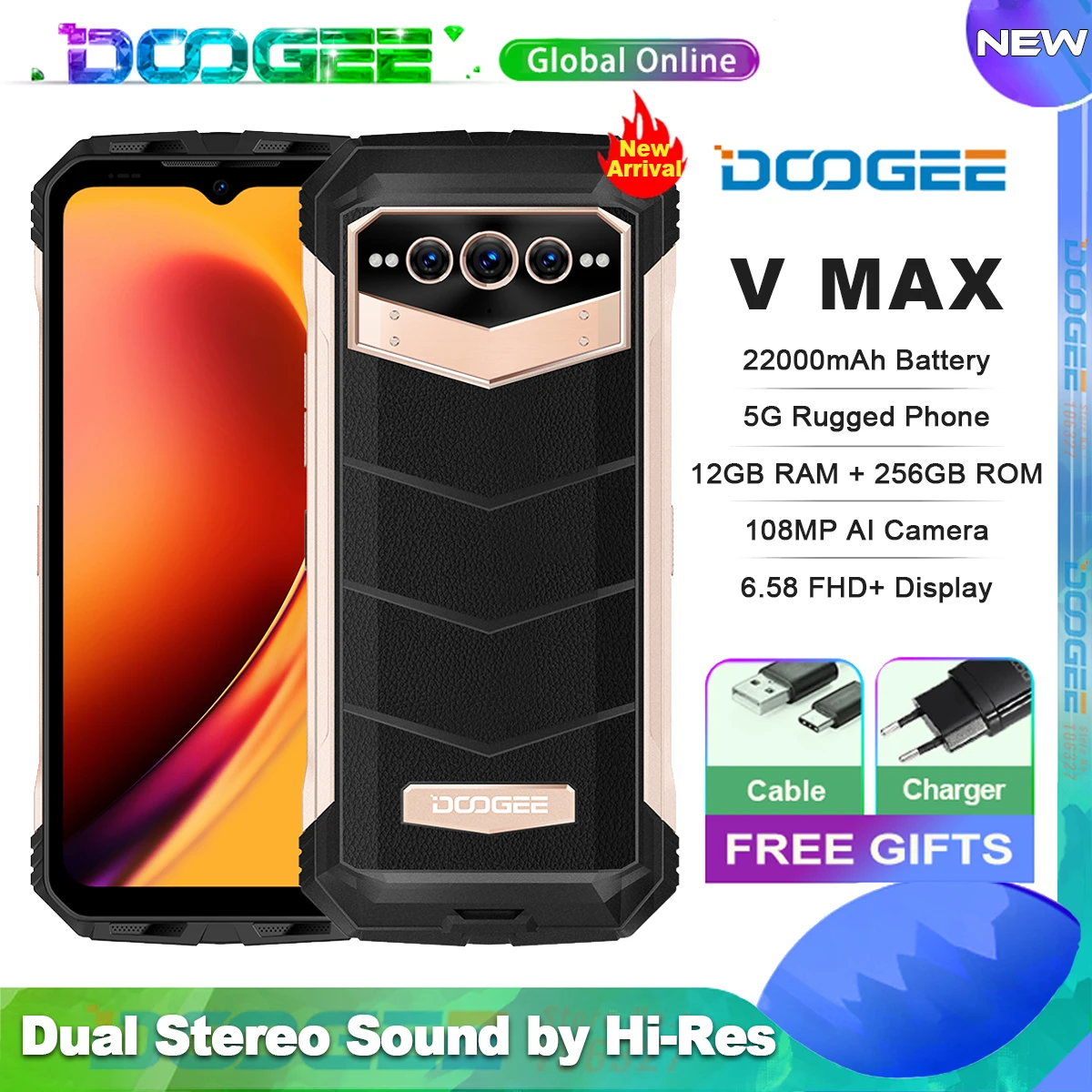 Telefone 5G DOOGEE V Max Rugged Smartphone 22000mAh,12GB + 256GB Celular 108MP Câmera Smartphone ...