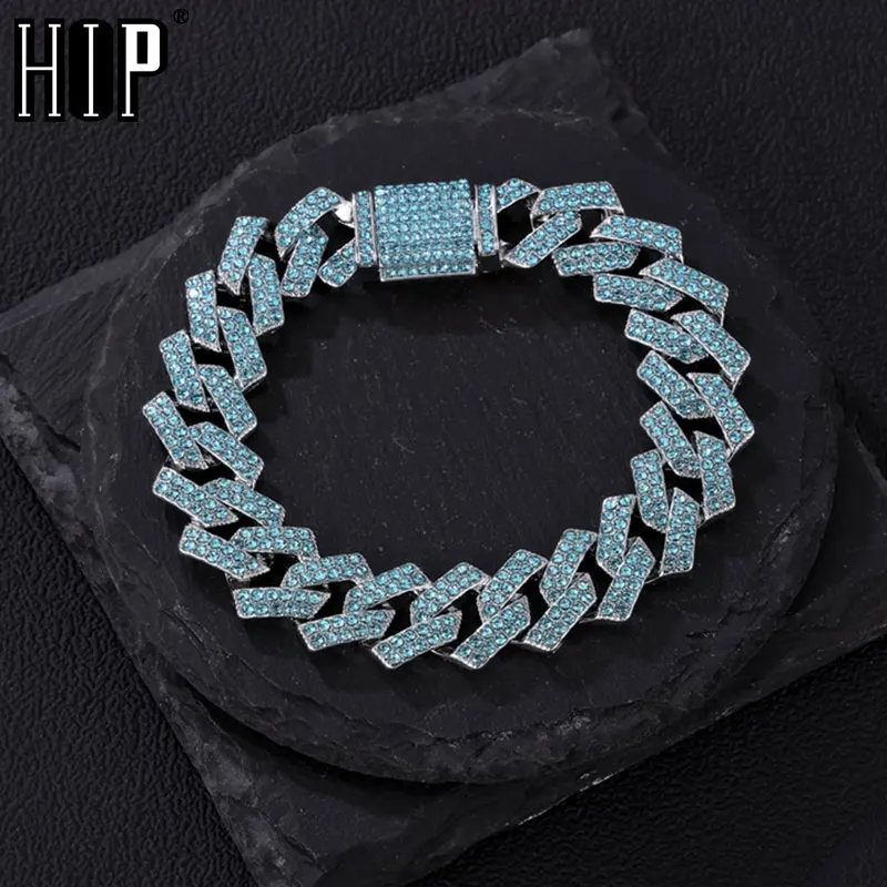 15MM-Rhombus-Prong-Cuban-Link-Bracelet-Iced-Out-Blue-Rhinestones-Bling ...