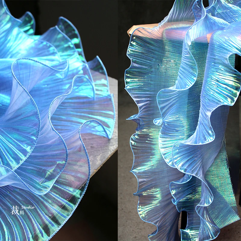 1 Yard Blue Lace Fabric Pleated Mermaid Effect Laser Neon Luster For ...