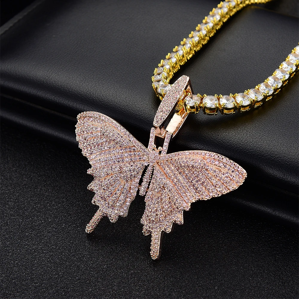 Shiny Colorful Cubic Zirconia Butterfly Pendant Necklace Iced Out Pink ...