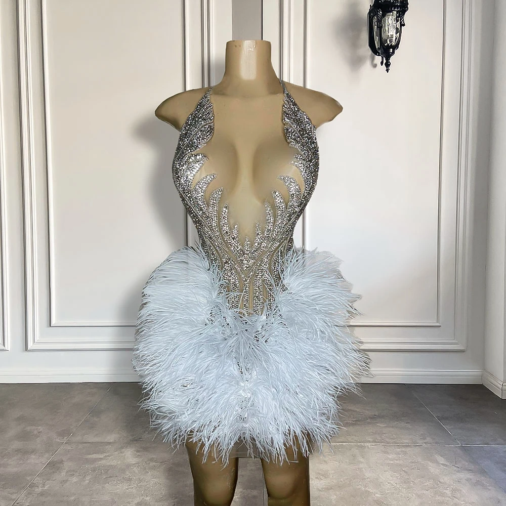 Luxury-Silver-Diamond-Black-Girls-Short-Prom-Dresses-2024-Sexy-See-Through-White-Feather-Women ...