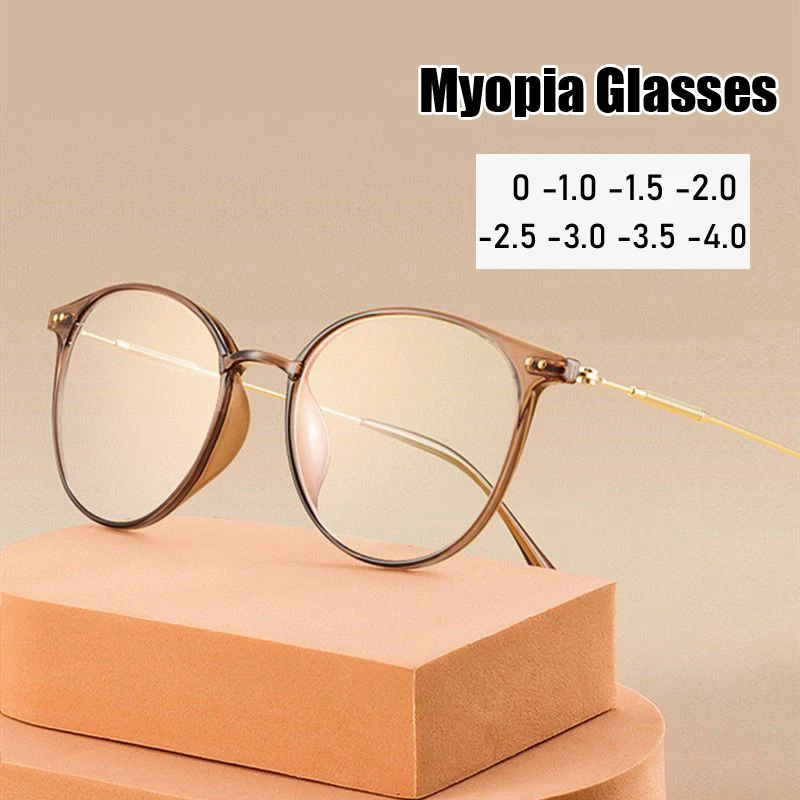 Round-Myopia-Glasses-Ladies-Blue-Light-Blocking-Minus-Eyeglasses-Women ...