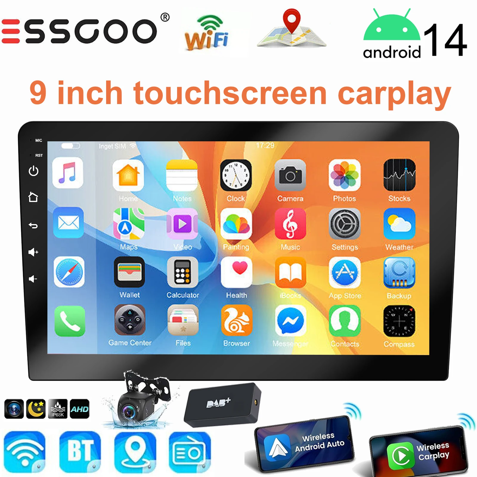 ESSGOO Schermo Tattile da 9 Pollici 2 DIN Autoradio Android14 Carplay ...