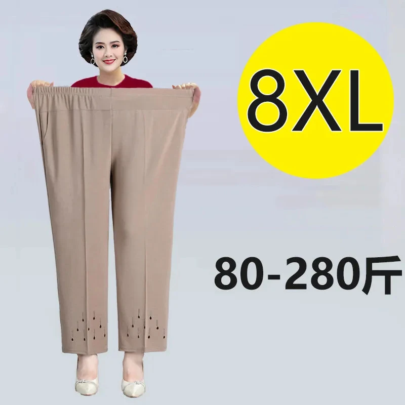 Summer Womens Thin Cropped Pants New Elastic High Waist Straight Pants Hollow Loose Middle-aged ...