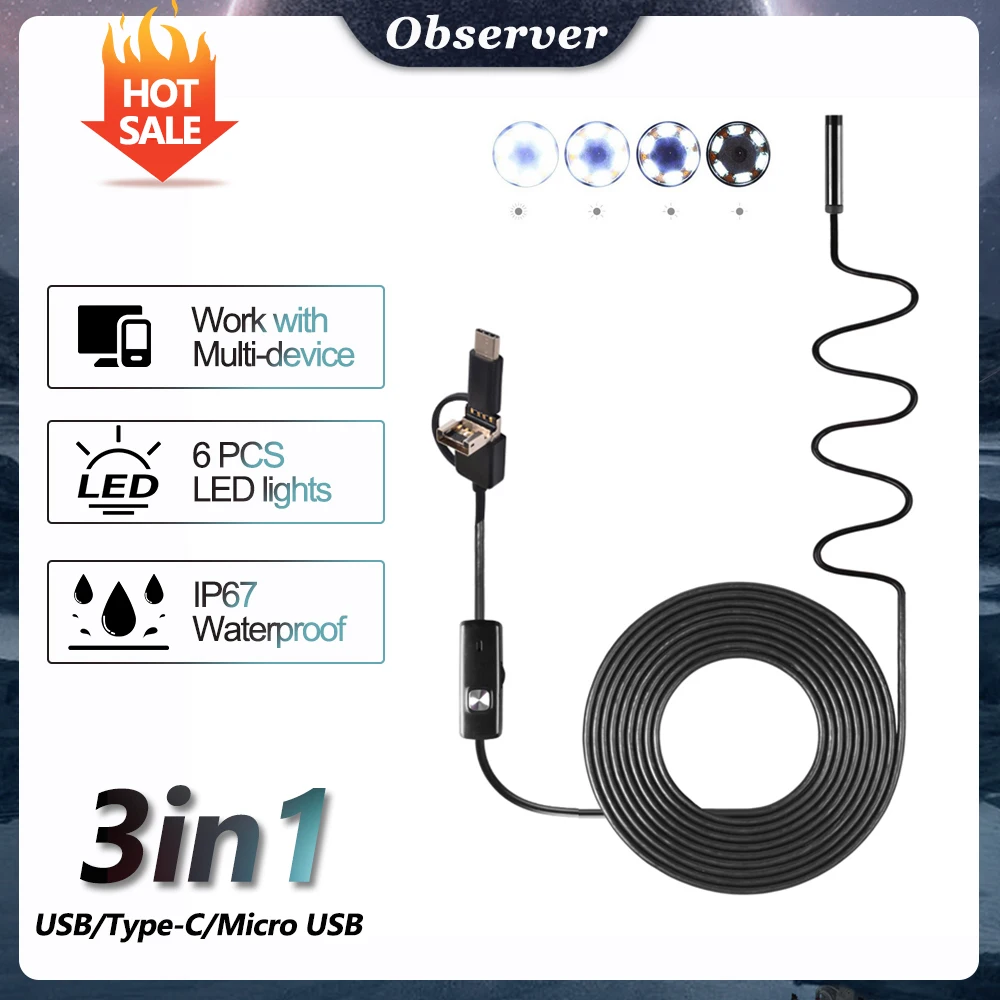 Mini câmera endoscópica Android 7MM, 3IN1, micro USB, tipo c, boroscópio, à prova d'água IP67 ...